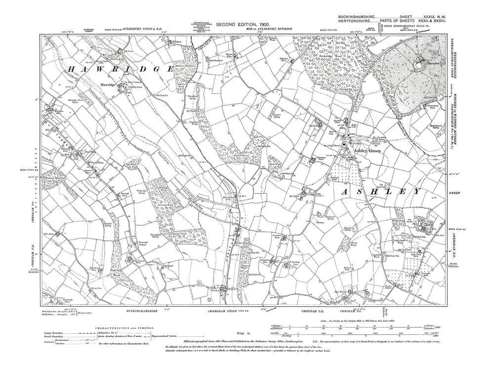 Old OS map dated 1900, showing Ashley Green, Bellingdon in Buckinghams ...
