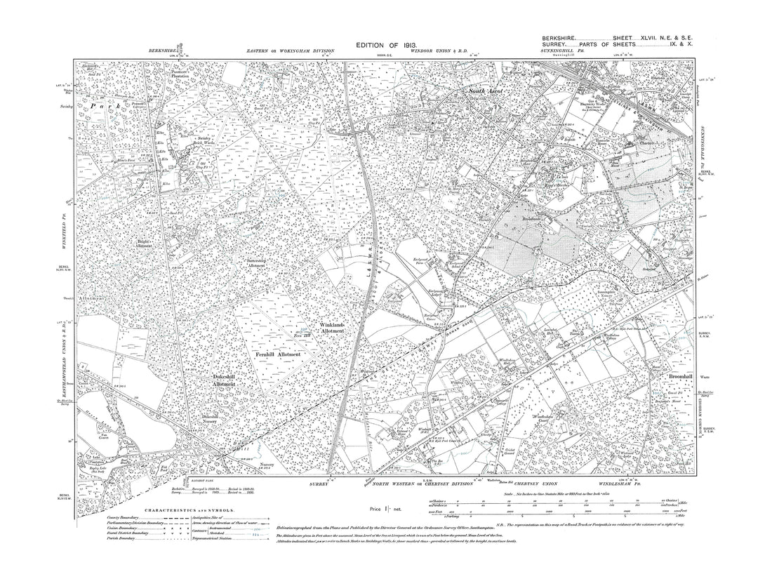A 1913 map showing South Ascot, Sunninghill (south) in Berkshire - OS ...