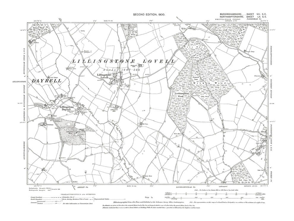 Old OS map dated 1900, showing Lillingstone Lovell and Lillingstone Da ...